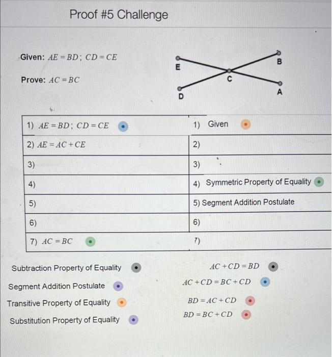 Solved Given: AE=BD;CD=CE Prove: AC=BC Subtraction rroperty | Chegg.com