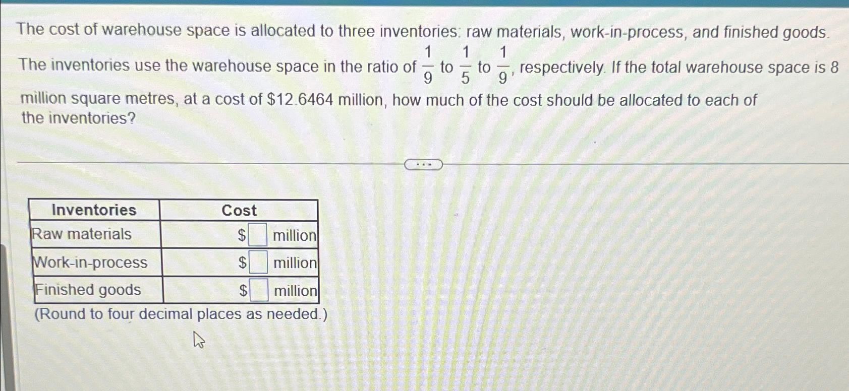 Solved The cost of warehouse space is allocated to three | Chegg.com