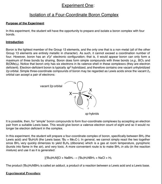 Solved Experiment One: Isolation of a Four-Coordinate Boron | Chegg.com