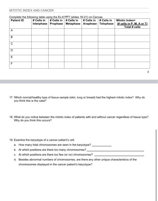 Solved MITOTIC INDEX AND CANCER Complete the following table | Chegg.com