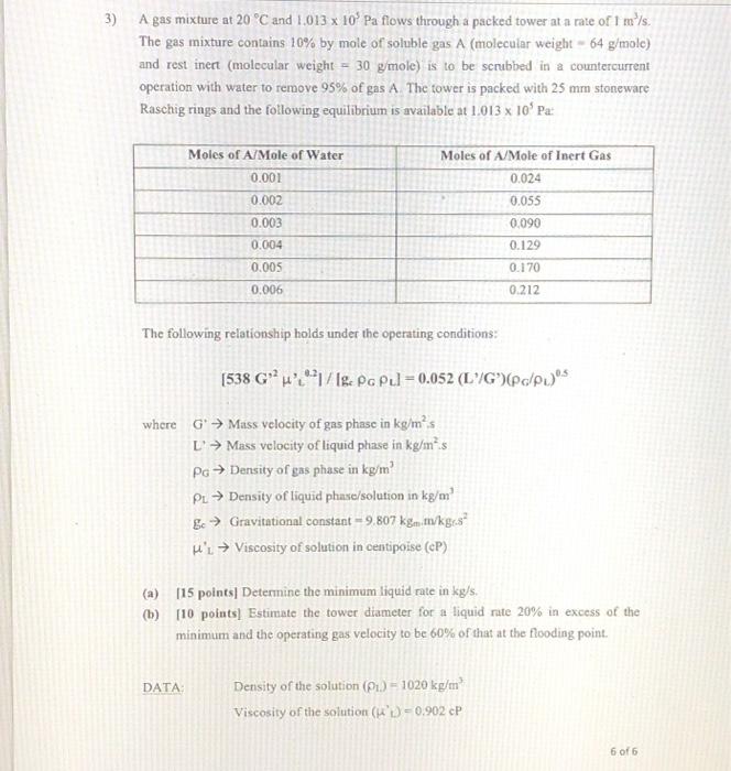 Solved A gas mixture at 20∘C and 1.013×105 Pa flows through | Chegg.com