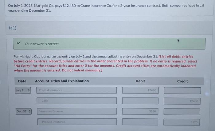 Solved On July 1, 2025, Marigold Co. pays $12,480 to Crane | Chegg.com