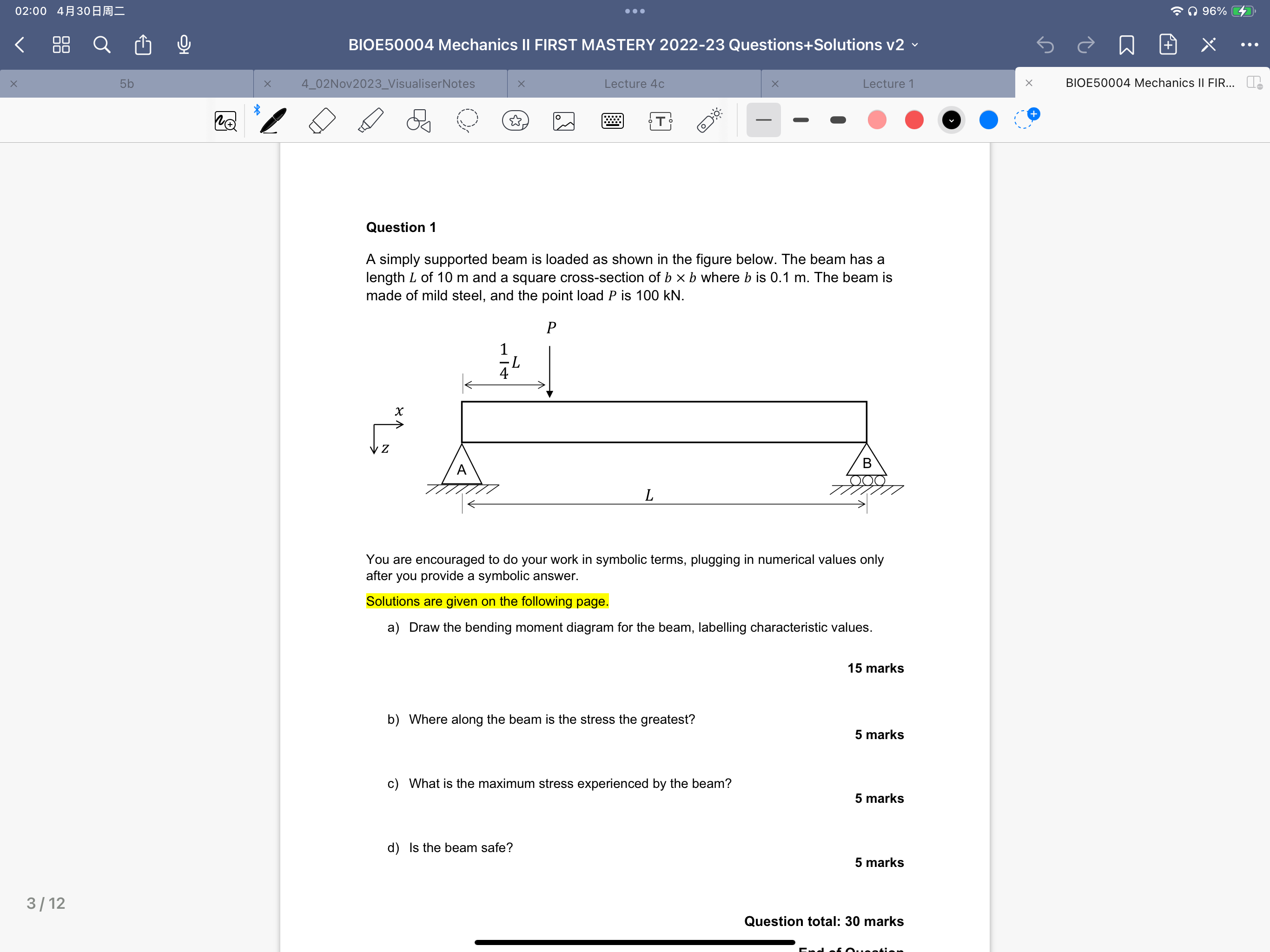 Solved Question 1A simply supported beam is loaded as shown | Chegg.com