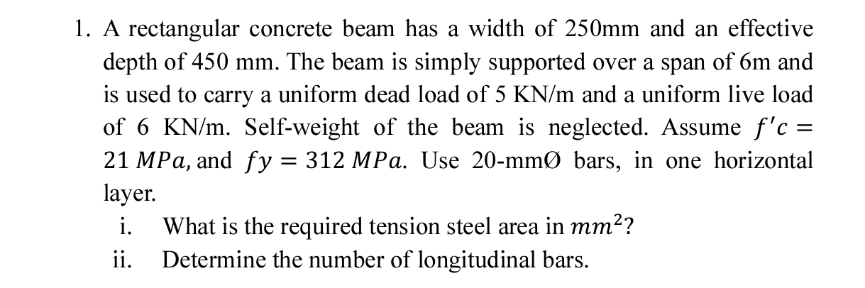 Solved A rectangular concrete beam has a width of 250mm ﻿and | Chegg.com