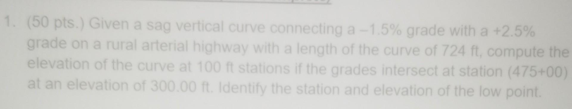 Solved Given a sag vertical curve connecting a-1.5% grade | Chegg.com