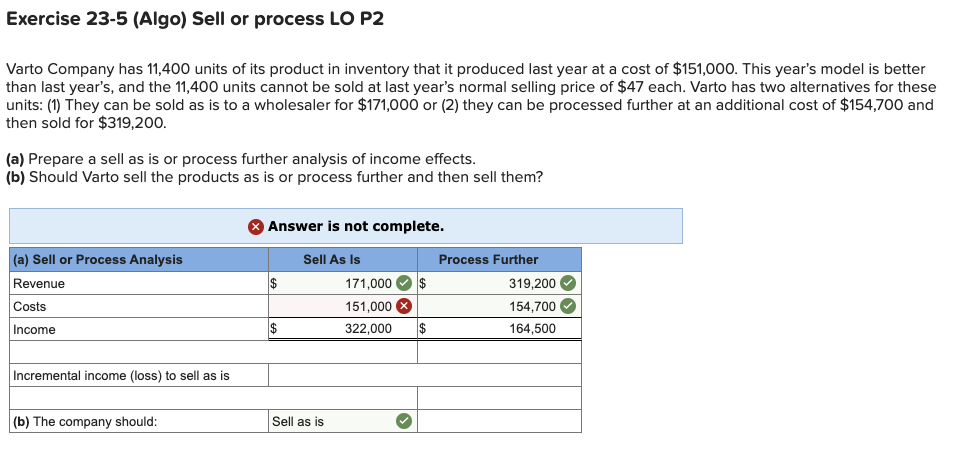 Solved Exercise 23-5 (Algo) ﻿Sell or process LO P2Varto | Chegg.com