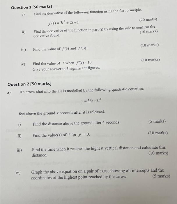 Solved Question 1 [50 marks] i) Find the derivative of the | Chegg.com