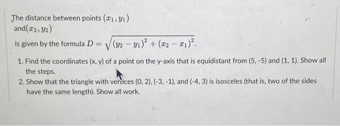 Solved The distance between points (x1, y1) and (x2, y2) is | Chegg.com