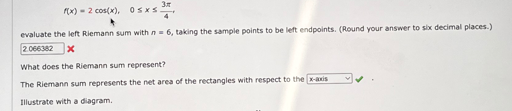 Solved f(x)=2cos(x),0≤x≤3π4evaluate the left Riemann sum | Chegg.com