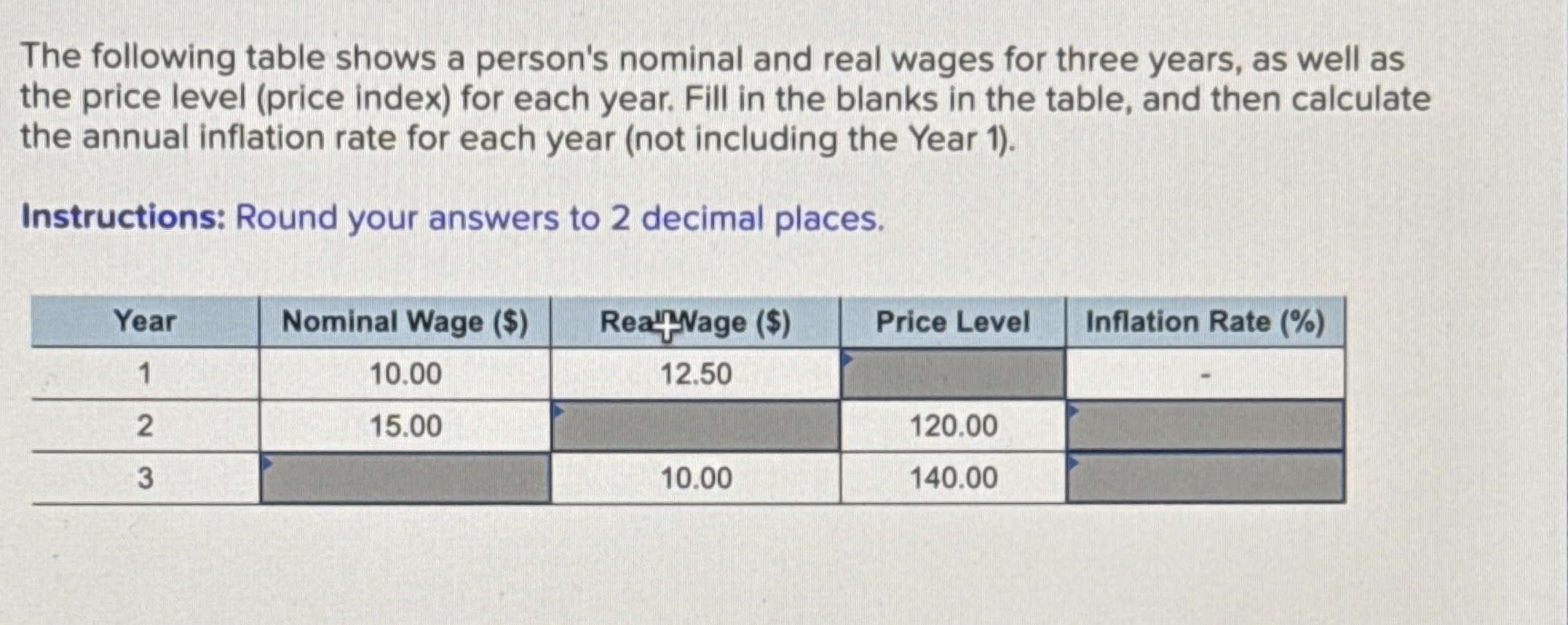 Solved The following table shows a person's nominal and real | Chegg.com