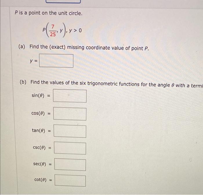 Solved P is a point on the unit circle. (iv), vso y 25 (a) | Chegg.com