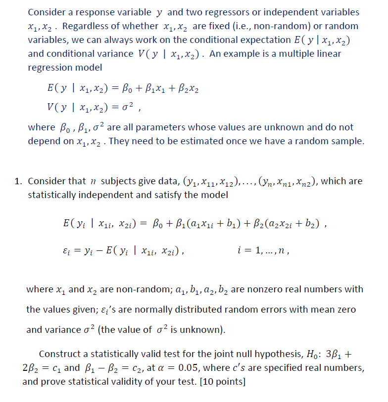 Solved Consider a response variable y ﻿and two regressors or | Chegg.com