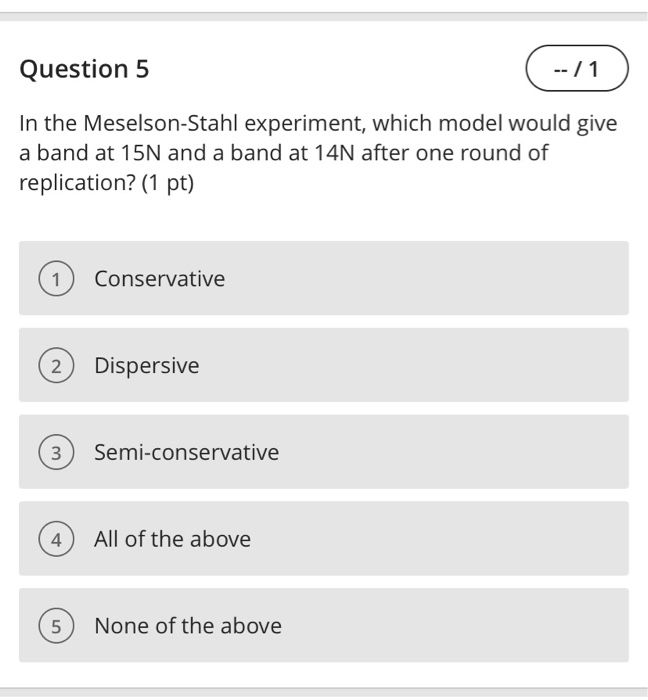 Solved Question 5 -- / 1 In the Meselson-Stahl experiment, | Chegg.com