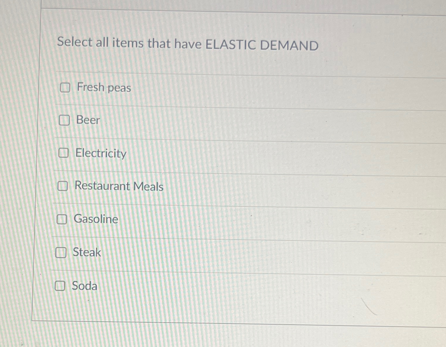 Solved Select all items that have ELASTIC DEMANDFresh | Chegg.com