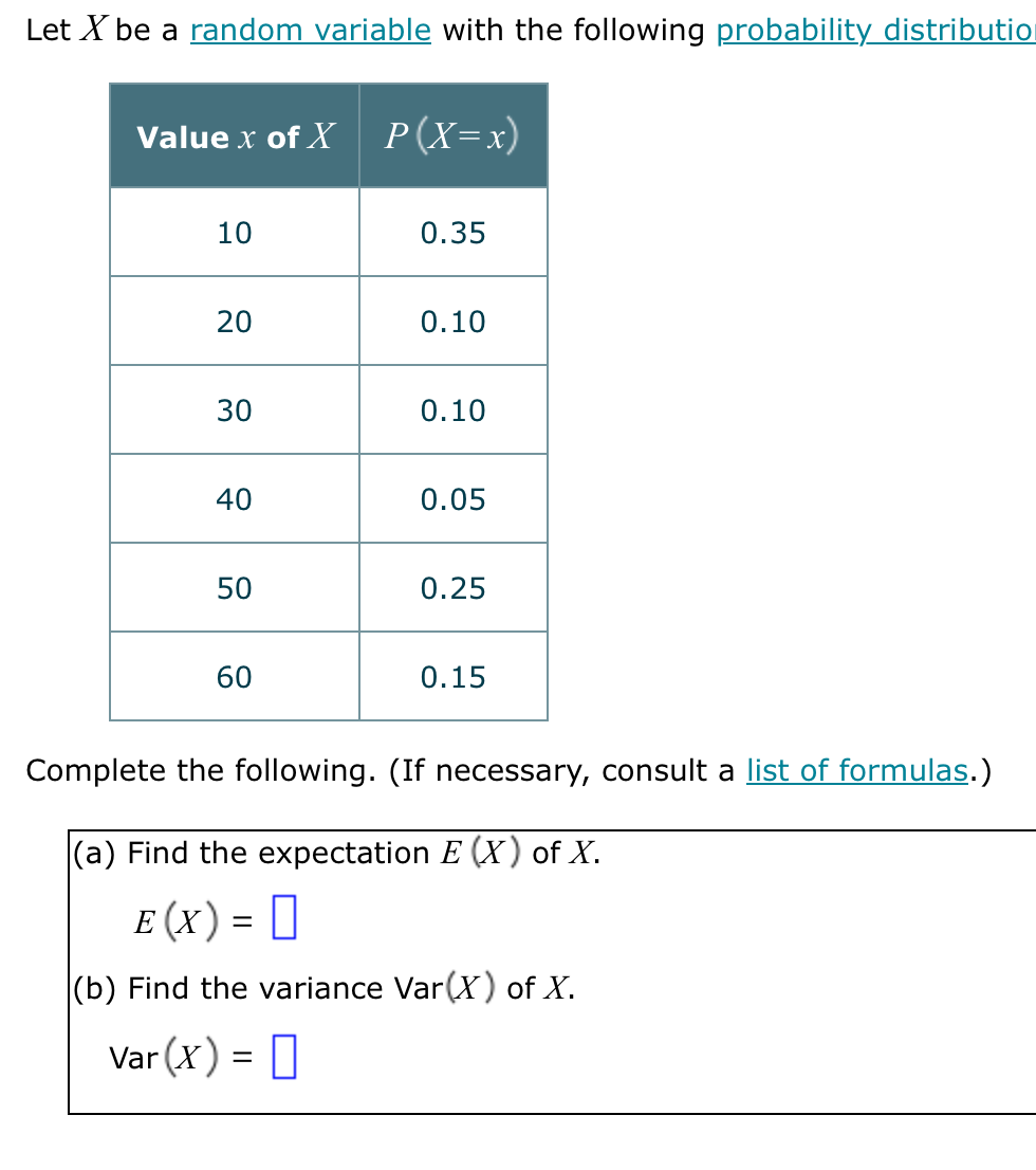 Solved Let x ﻿be a random variable with the following | Chegg.com