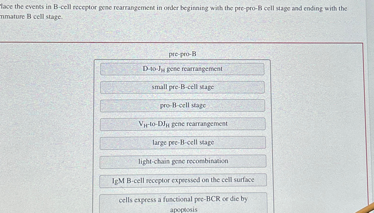 Solved lace the events in B-cell receptor gene rearrangement | Chegg.com