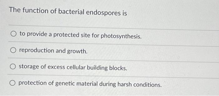 Solved The function of bacterial endospores is to provide a | Chegg.com