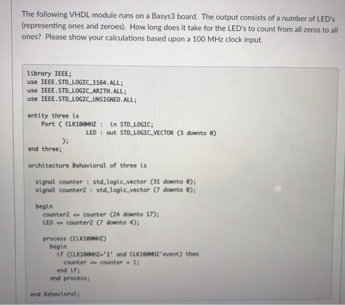 Solved The following VHDL module runs on a Basys3 board. The | Chegg.com