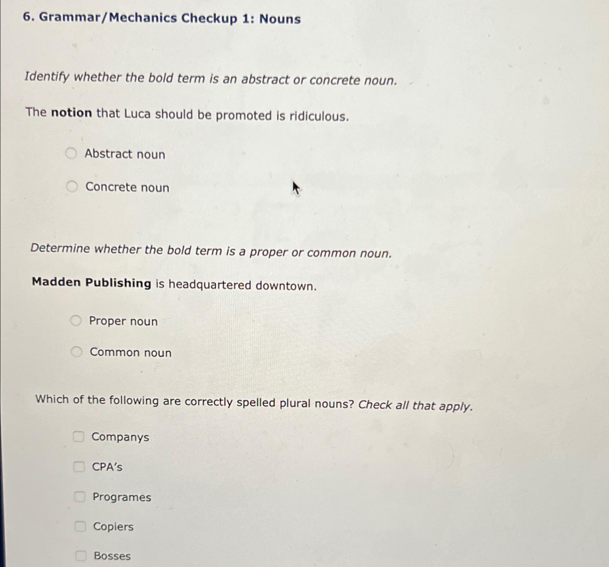 Solved Grammar/Mechanics Checkup 1: NounsIdentify whether | Chegg.com
