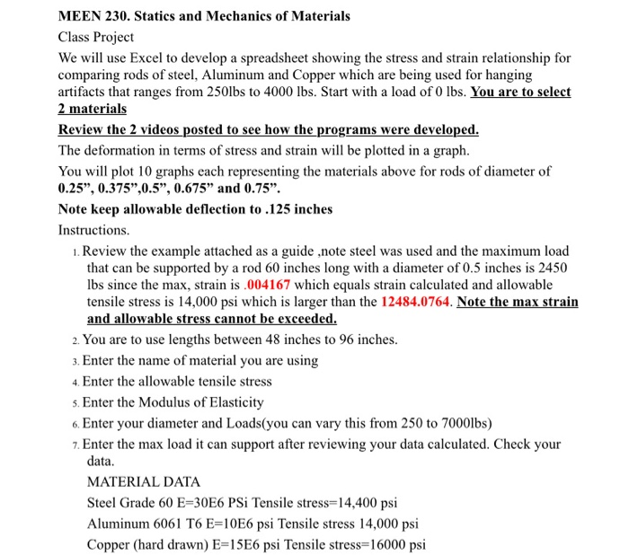 MEEN 230. Statics and Mechanics of Materials Class | Chegg.com