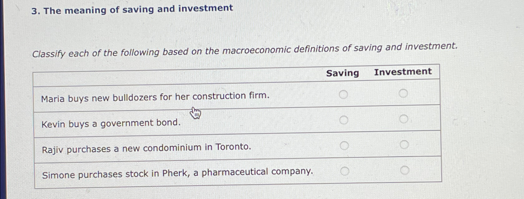 Solved The meaning of saving and investmentClassify each of | Chegg.com