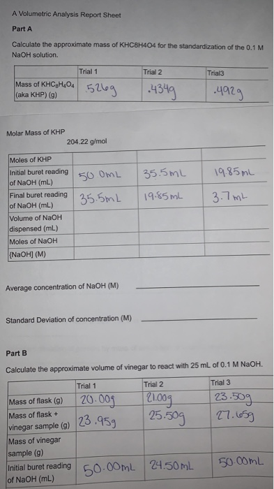 A Volumetric Analysis Report Sheet Part A Calculate | Chegg.com