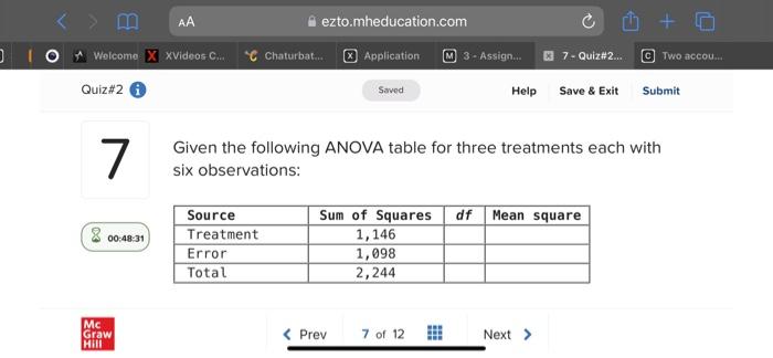 Solved Given the following ANOVA table for three treatments | Chegg.com