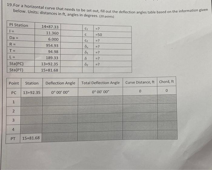 Solved 19.For a horizontal curve that needs to be set out, | Chegg.com