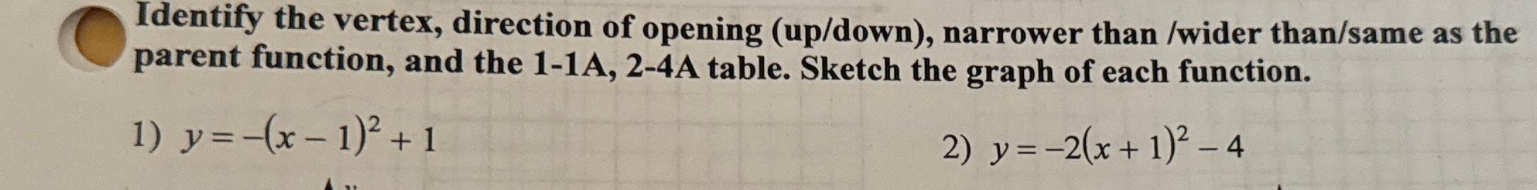 Solved Identify the vertex, direction of opening (up/down), | Chegg.com
