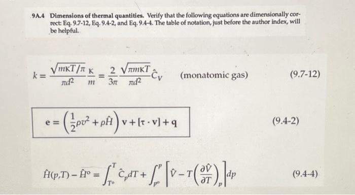 Solved 9A.4 Dimensions of thermal quantities. Verify that | Chegg.com