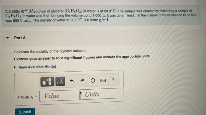 Solved A 2.350x10-2 M solution of glycerol (CH3O3) in water | Chegg.com
