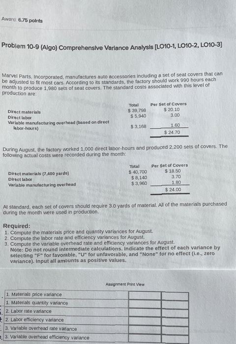 Solved Problem 10-9 (Algo) Comprehensive Variance Analysis | Chegg.com