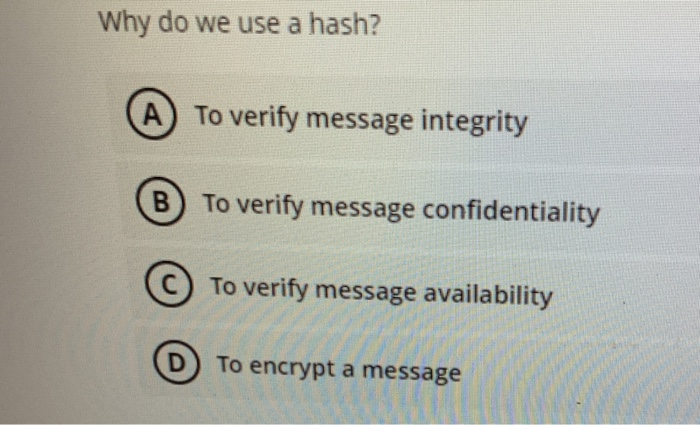 Solved Why do we use a hash? A To verify message integrity B | Chegg.com