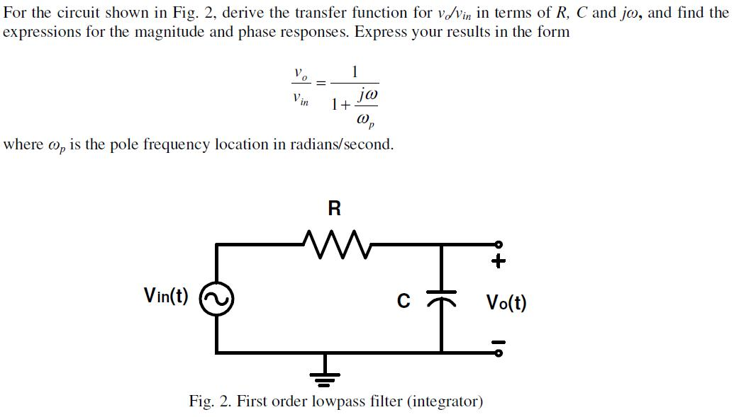 Solved For the circuit shown in Fig. 2, derive the transfer | Chegg.com