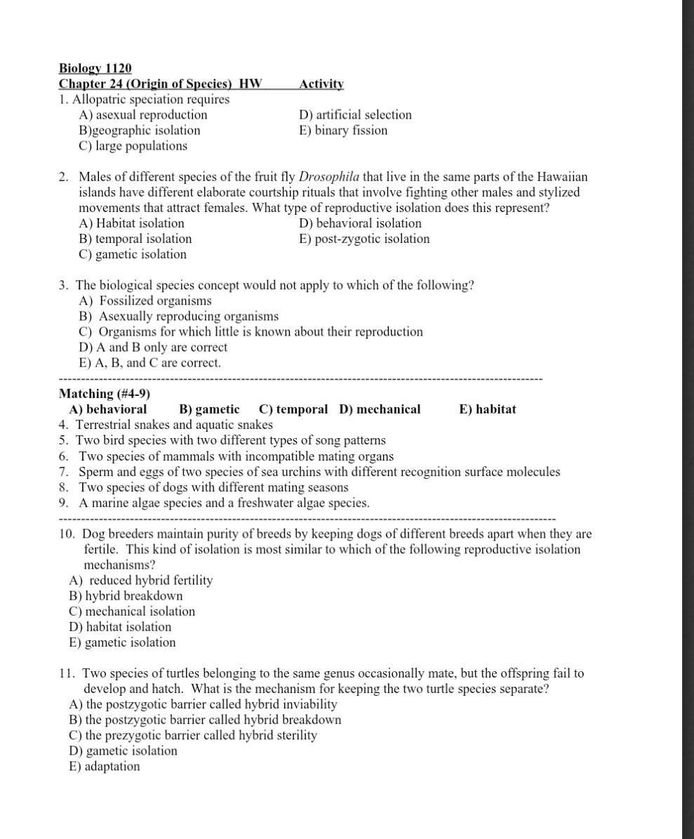 Solved Activity Biology 1120 Chapter 24 (Origin of Species) | Chegg.com