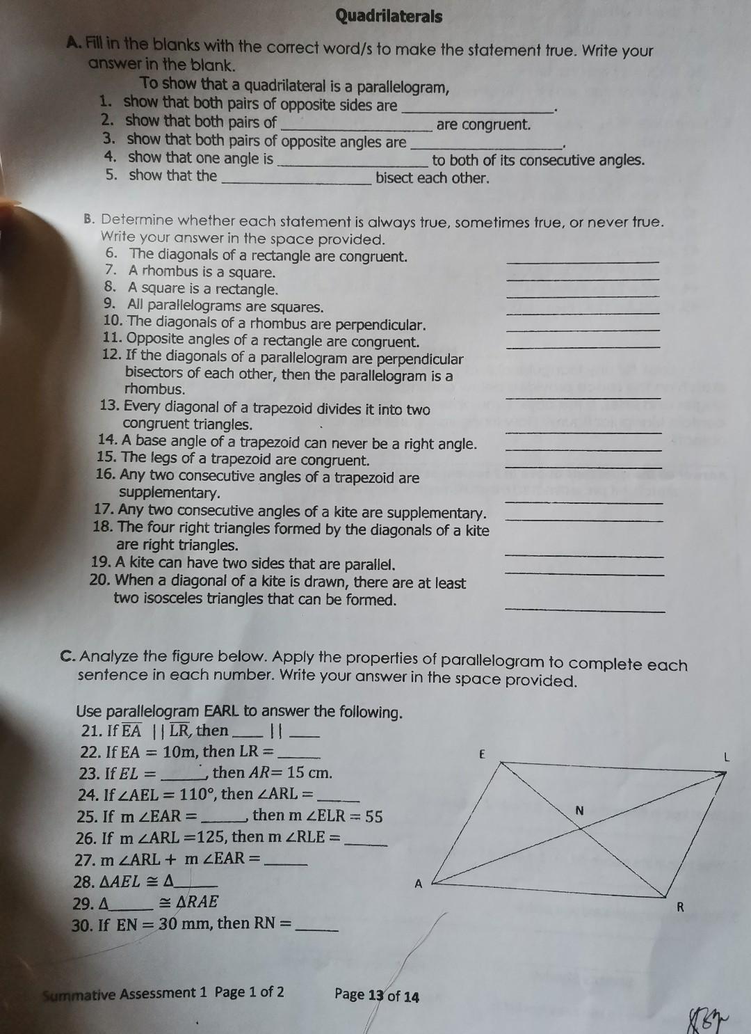Solved Quadrilaterals A. Fill in the blanks with the correct | Chegg.com