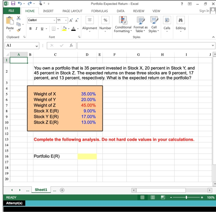 Solved 5 1 Portfolio Expected Return Excel Formulas Data 