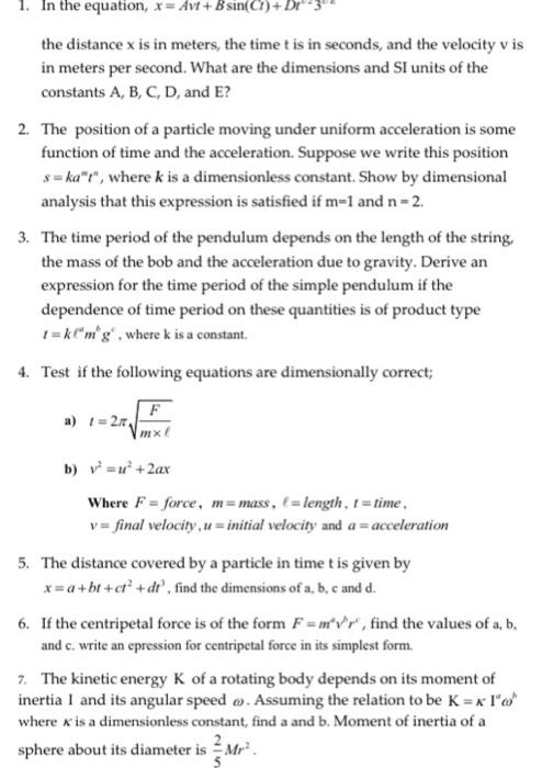 Solved 1. In the equation, *= Avr+Bsin(+Dr- the distance x | Chegg.com