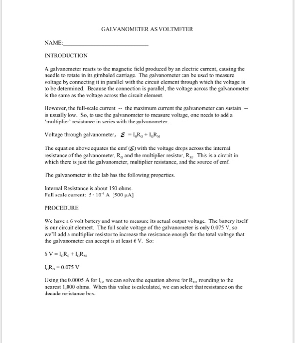 GALVANOMETER AS VOLTMETER NAME: INTRODUCTION A | Chegg.com