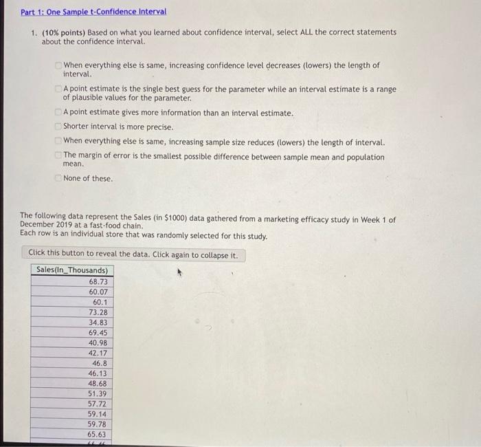 Solved Part 1: One Sample t-Confidence Interval 1. (10\% | Chegg.com