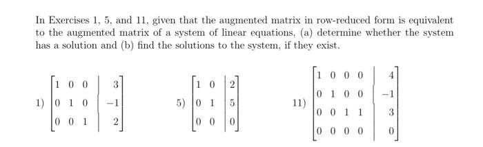 Solved In Exercises 1, 5, and 11, given that the augmented | Chegg.com