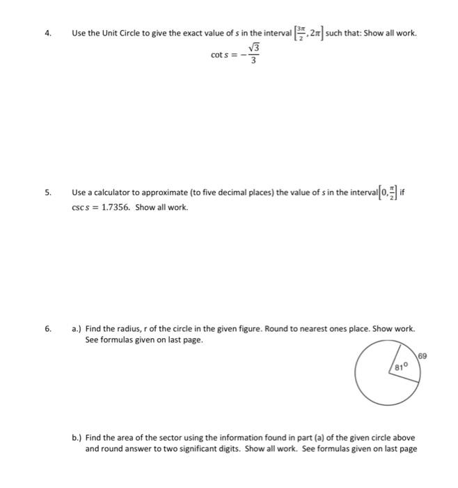 Solved 4. Use the Unit Circle to give the exact value of s | Chegg.com