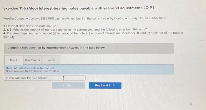 Solved Exercise 11-5 (Algo) Interest-bearing notes payable | Chegg.com