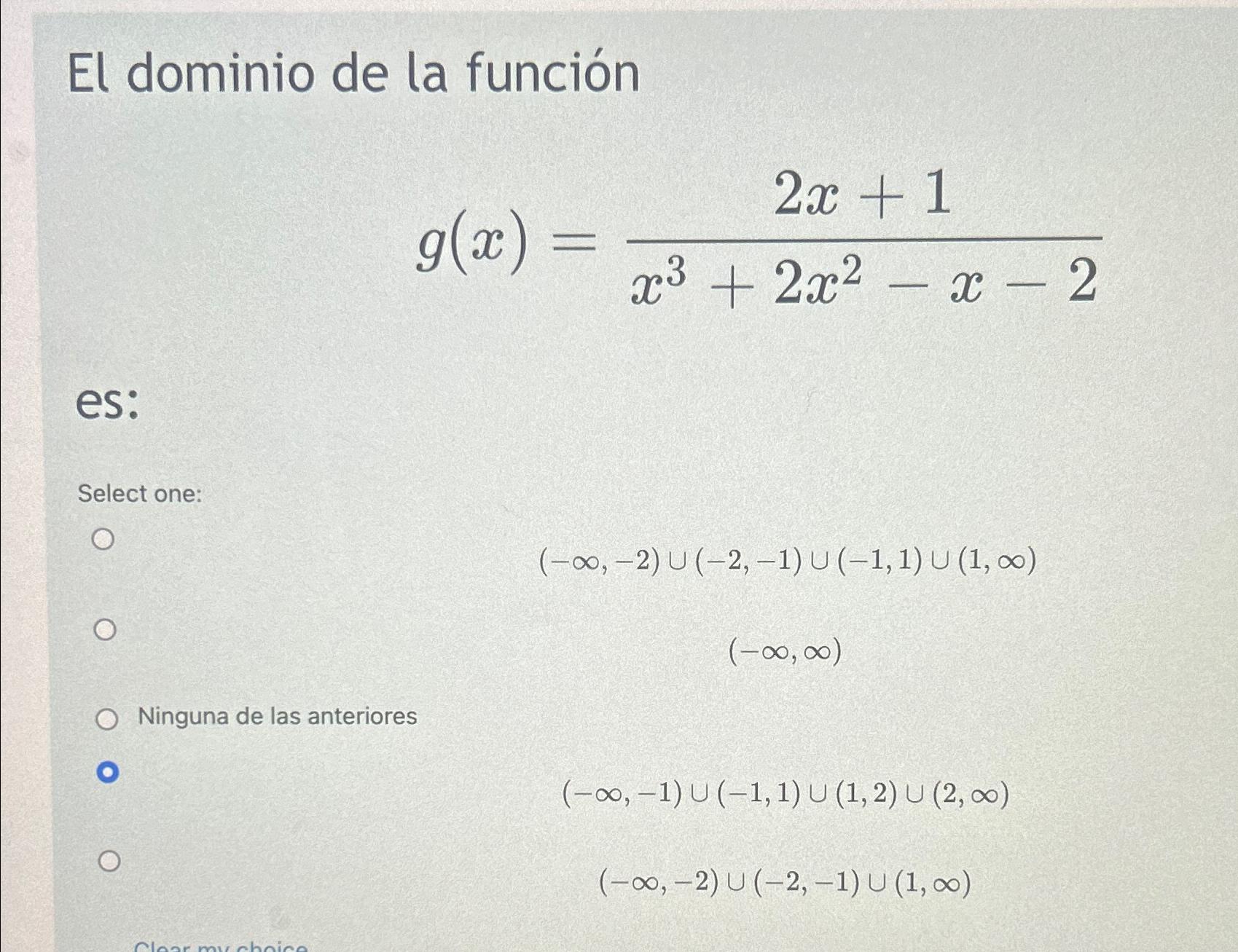 Solved El dominio de la funcióng(x)=2x+1x3+2x2-x-2es:Select | Chegg.com