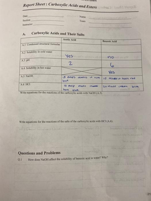 Solved Report Sheet : Carboxylic Acids and Esters Date Name | Chegg.com