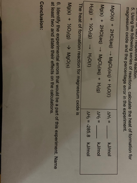 Solved how do you do the percentage error of mg(s)+1/2(g)-> | Chegg.com