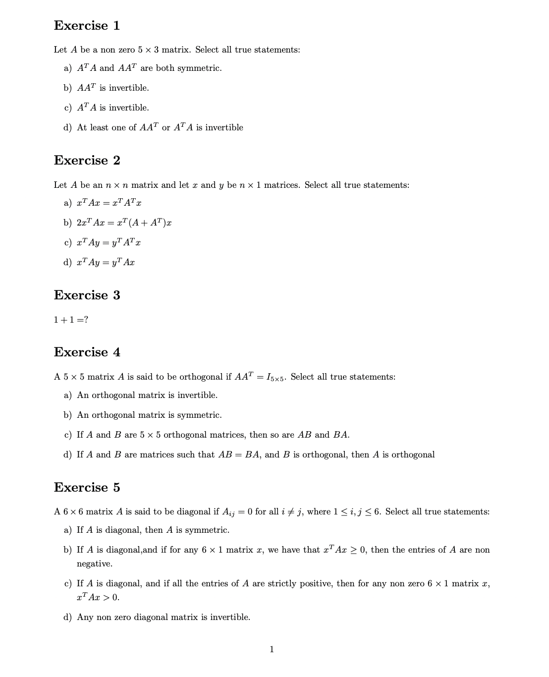 Solved Exercise 1Let A ﻿be a non zero 5×3 ﻿matrix. Select | Chegg.com