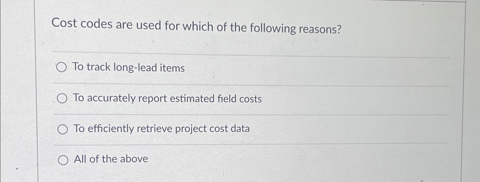 Solved Cost codes are used for which of the following | Chegg.com
