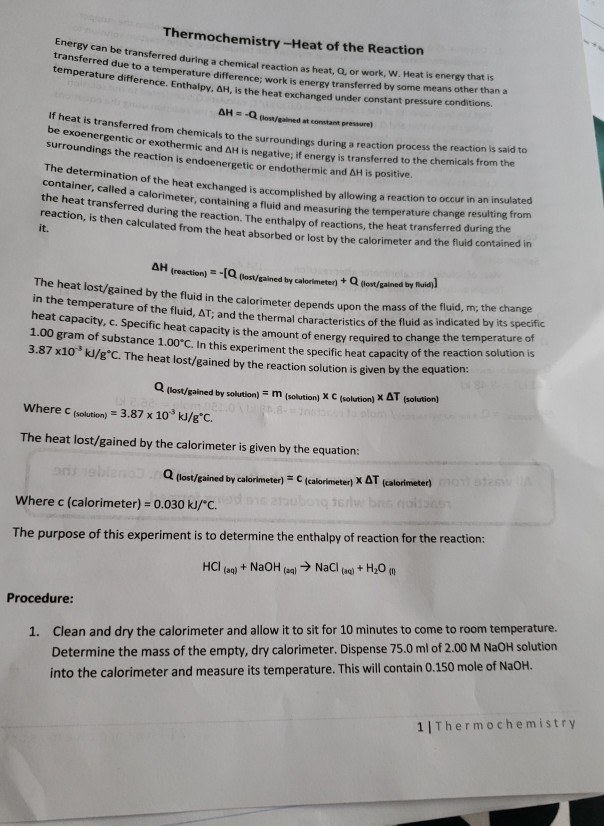 Name: No Rehungen Thermochemistry -Data Sheet Trial 3 | Chegg.com