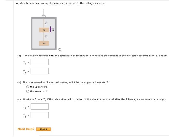 Solved An elevator car has two equal masses, m, attached to | Chegg.com